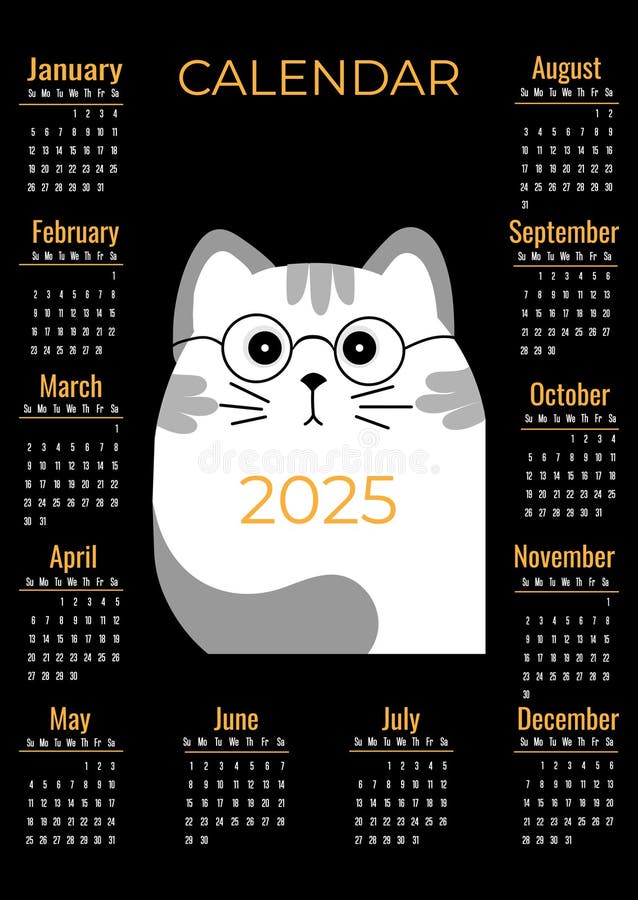Calendar for 2025 with Cute White Cat on Black Background. Week Starts ...