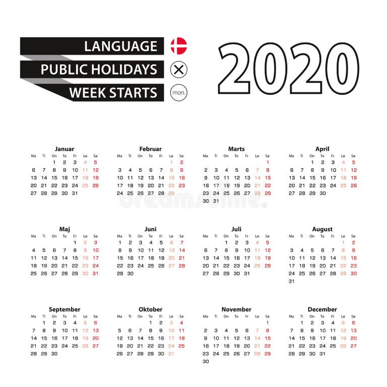 Calendar 2020 in Danish Language, Week Starts on Monday Stock Vector ...