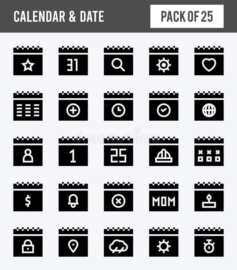 25 Calendar and Date Glyph Icon Pack. Vector Illustration Stock Vector ...