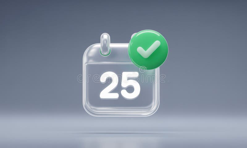 Calendar Date 25 with Green Check Mark for Task Completion and Time ...