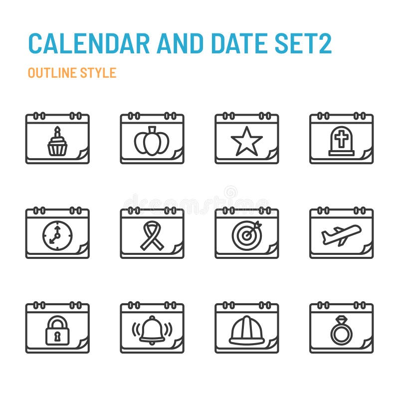Calendar and Date in Outline Icon and Symbol Set Stock Vector ...