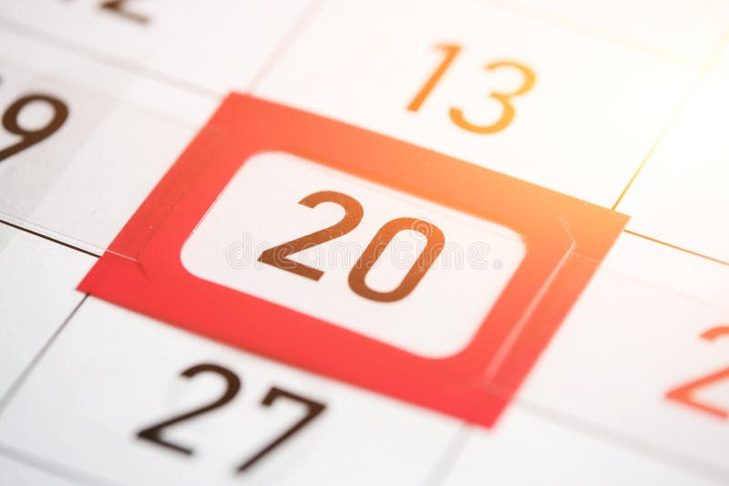 Calendar Date.20th Day of the Calendar is Highlighted with a Red Border ...