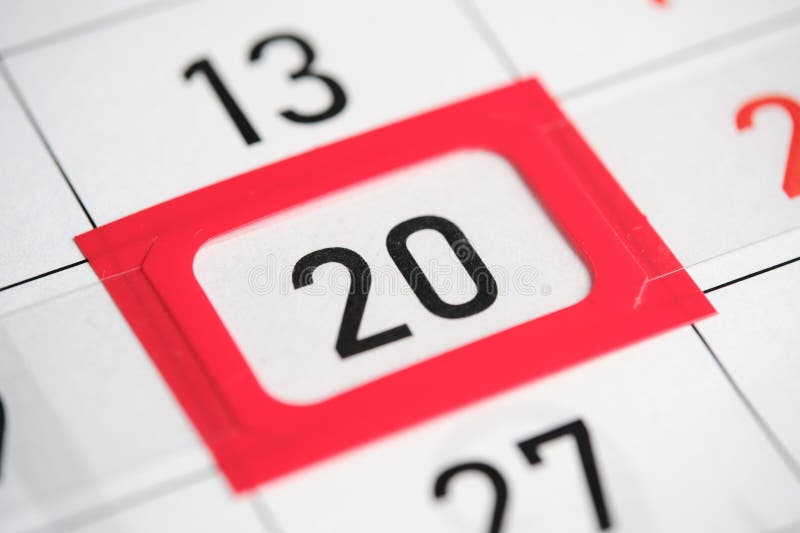 Calendar Date. the 20th Number the Calendar is Highlighted in a Red ...