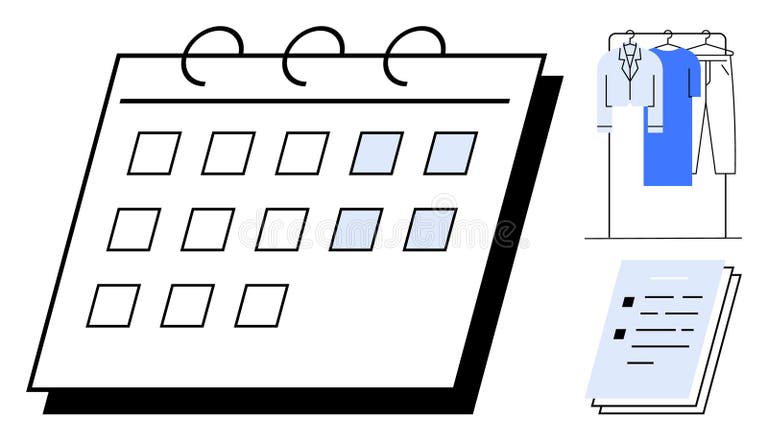 Calendar with Dates, Documents, and Clothes on Racks Emphasizing ...