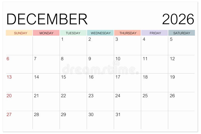 Calendar December 2026 Page Isolated White Background Save Clipping ...