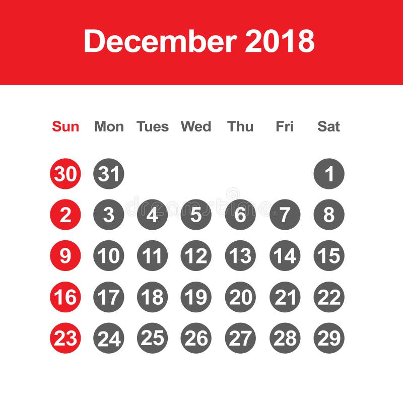 Calendar for December 2018 stock vector. Illustration of diary - 92929232