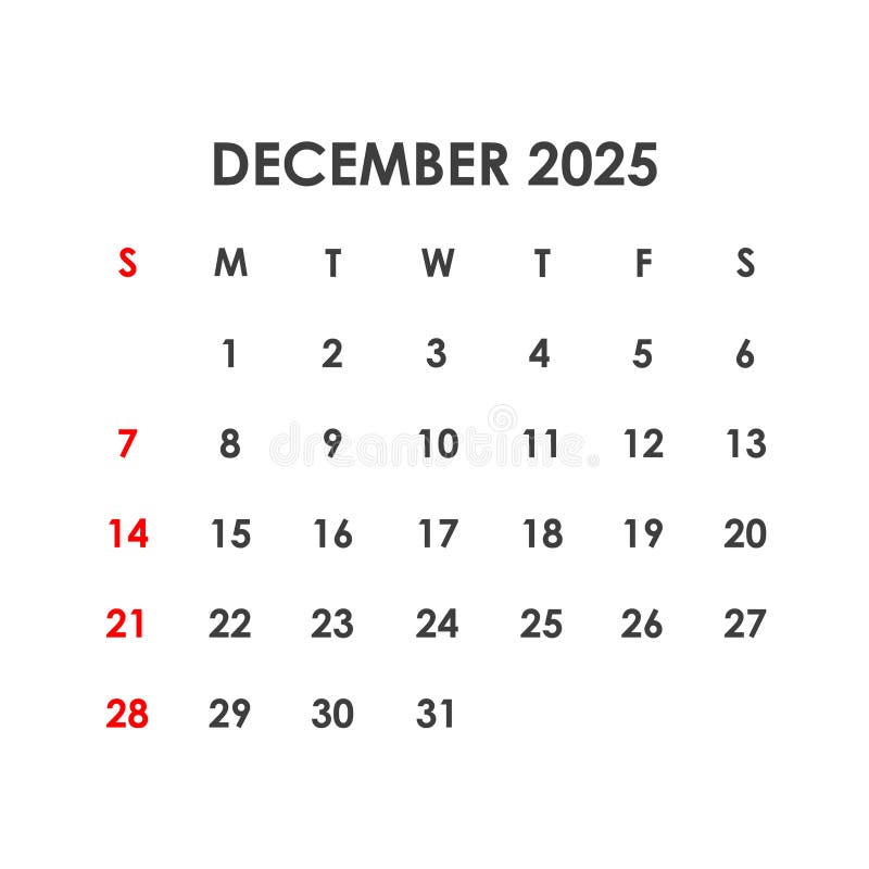 Calendar for December 2025. the Week Starts on Sunday. Stock Vector ...