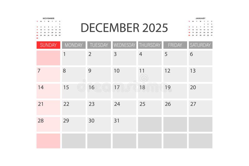 Calendar for December 2025. the Week Starts on Sunday. Stock Vector ...