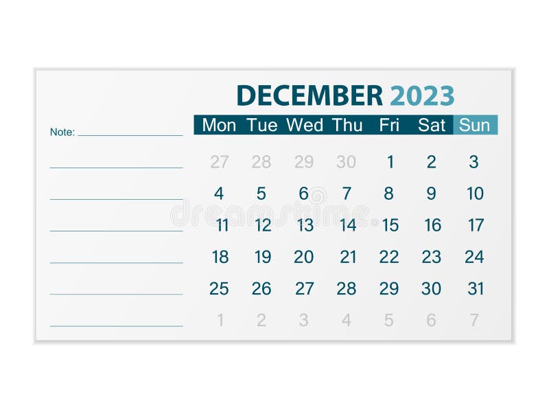 December 2023. Vector Monthly Calendar Template 2023 Year in Simple ...