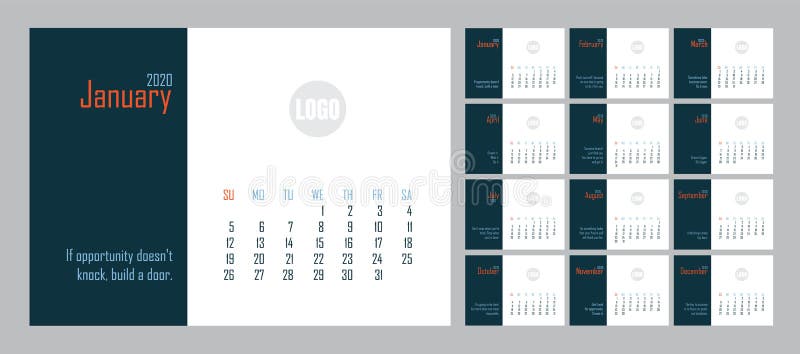 Calendar Design for 2020 in Minimal Simple Style. Set of 12 Calendar ...