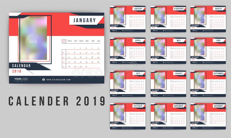 2019 Calendar Design, Set of 12 Months Template Style Desk Planner with ...