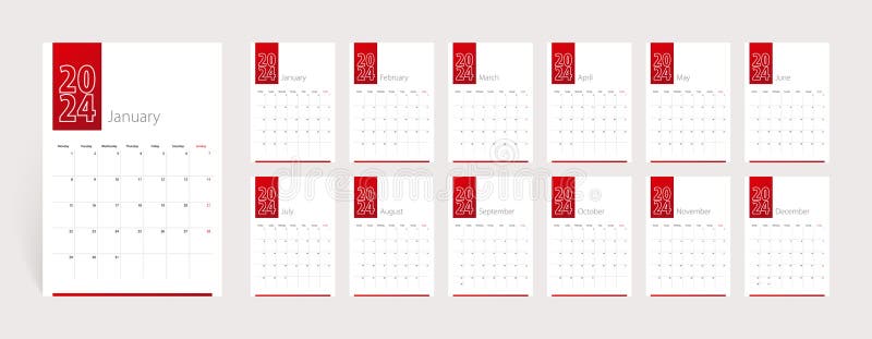2024 Calendar Design, Set of 12 Months. Week Starts on Monday. Vertical ...