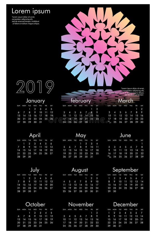 Calendar Design for 2019. Simple , Black Background, Set of 12 Calendar ...