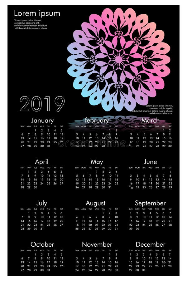 Calendar Design for 2019. Simple , Black Background, Set of 12 Calendar ...