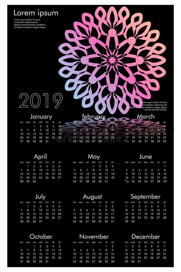 Calendar Design for 2019. Simple , Black Background, Set of 12 Calendar ...