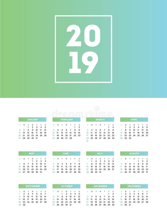 2019 Calendar Design Template Gradient Stock Vector - Illustration of ...