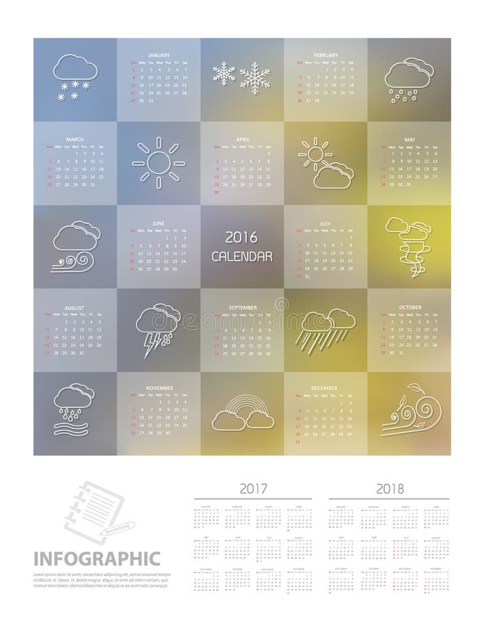 2016 Calendar Design Template with Weather Icon Set Stock Vector ...