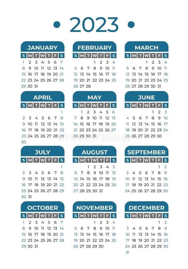 Calendar Design 2023 Year. English Blue Vector Vertical Wall or Pocket ...