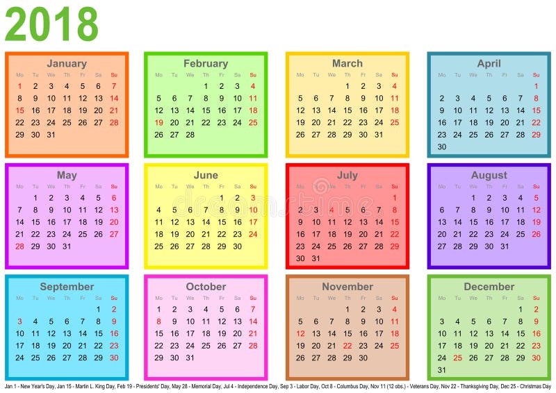 Calendar 2018 Each Month Different Colored Square USA Stock Vector ...