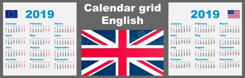 Set Grid Wall Calendar English For 2018 2019 2020 2021 2022 2023