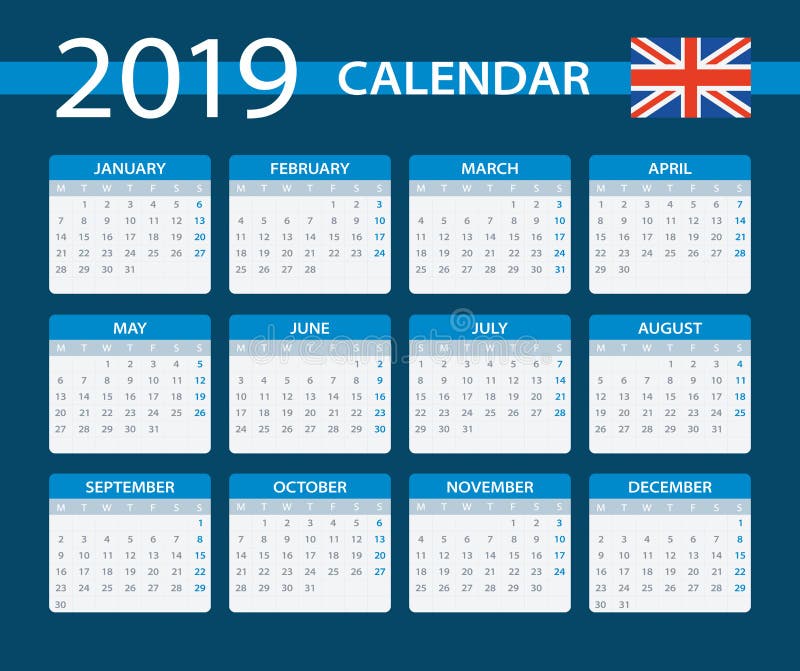 Calendar 2019 - English Version Stock Illustration - Illustration of ...