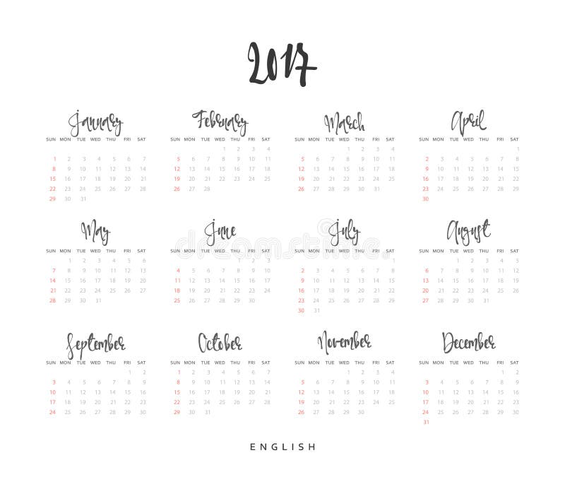 Calendar 2017 in English. Week Starts from Sunday Stock Vector ...