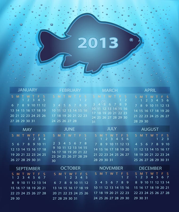 Calendar Fish Water Blue Background Drops Stock Vector - Illustration ...