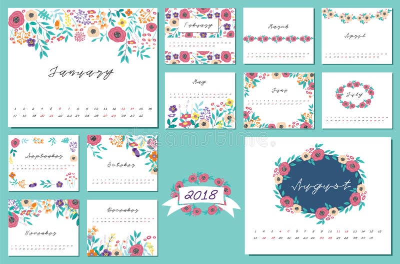 2018 Calendar with Flower Design Element Stock Vector - Illustration of ...