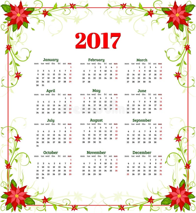Calendar for 2017 with Flowers of Poinsettia Vector Stock Vector ...