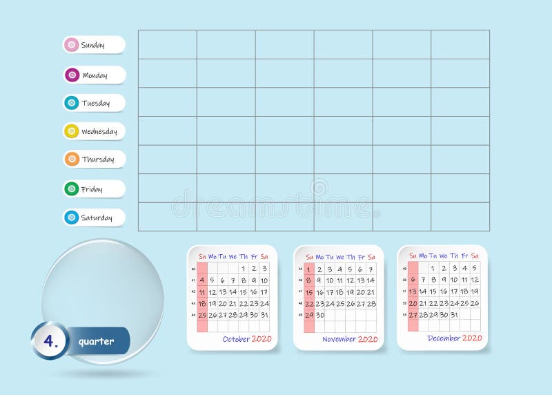 Calendar for Fourth Quarter of 2020 Year in Blue Color Stock Vector ...