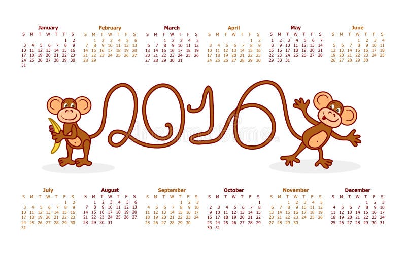 Calendar 2016 with a Monkey Stock Vector - Illustration of decorate ...