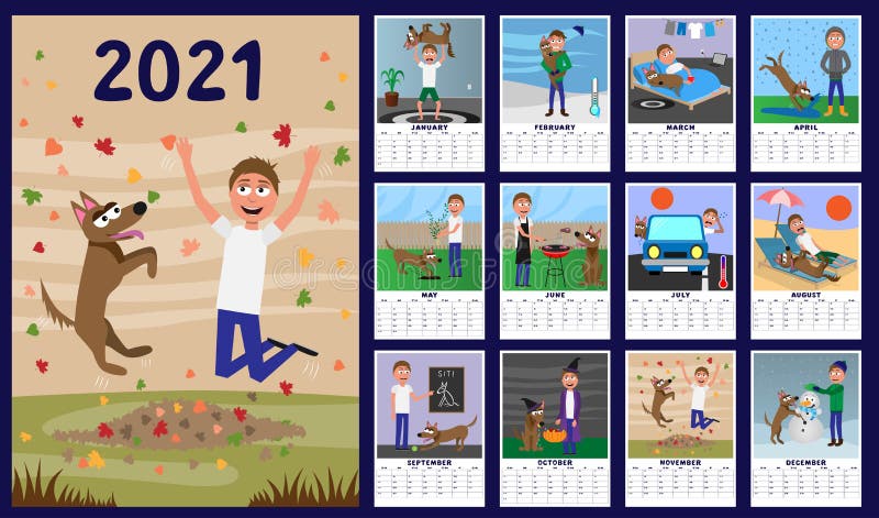 Calendar 2021. Funny Monthly Calendar with Man and Dog in Comic ...