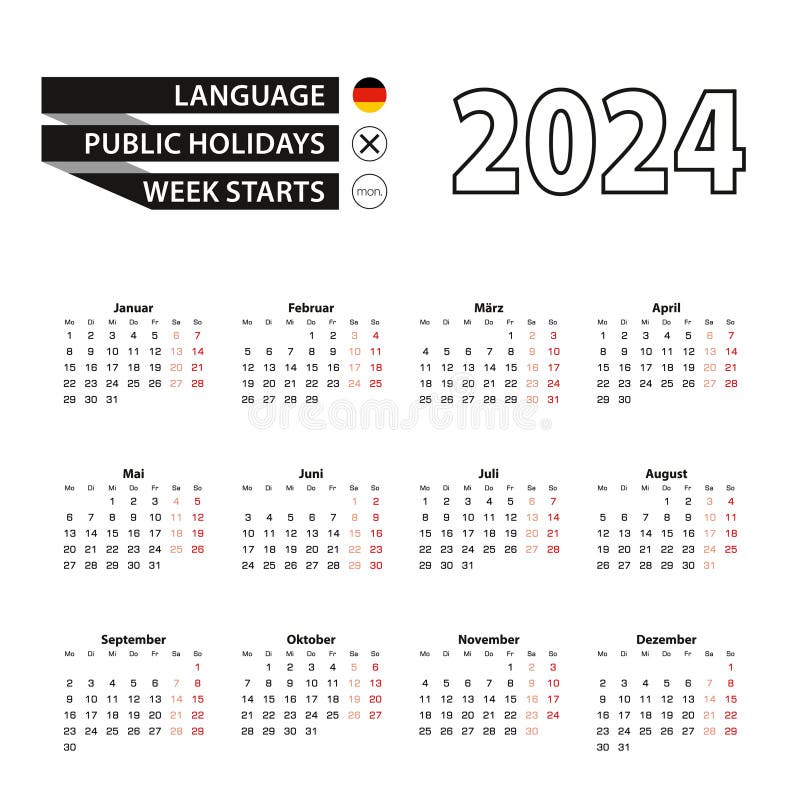 Calendar 2024 in German Language, Week Starts on Monday Stock Vector ...