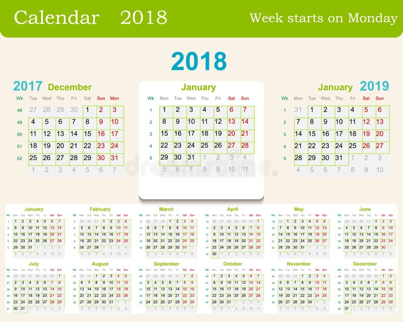 Calendar Grid for 2018 Week Starts from Monday and from December of the ...