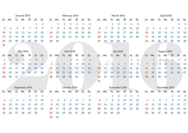 Calendar Grid for 2016 Year with Marked Weekend Days Stock Vector ...