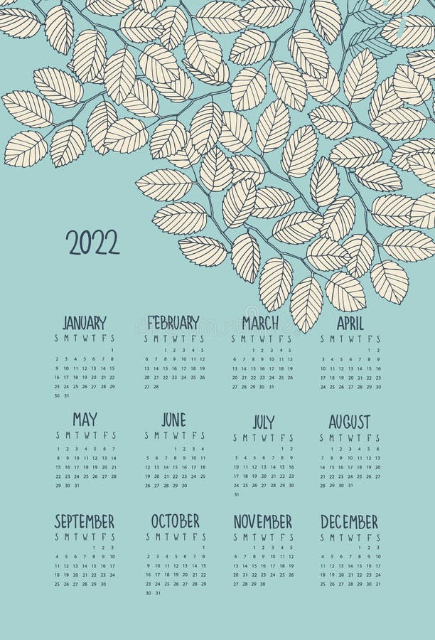Calendar 2022 with Hand Drawn Elm Tree Branches and Leaves Stock Vector ...