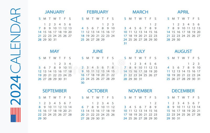 Calendar 2024 Horizontal - Illustration. American Version. Week Starts ...