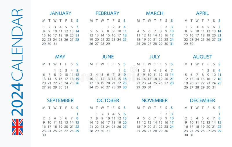 Calendar 2024 Horizontal - Illustration. British Version. Week Starts ...