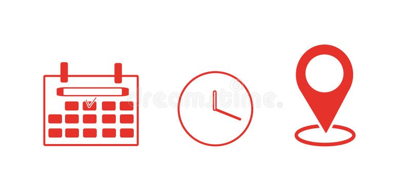 Calendar Icon, Clock Icon, Location Icon Indicating the Date, Time and ...