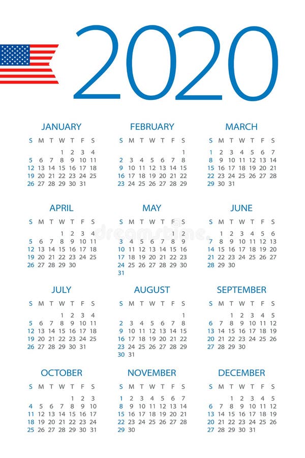 Calendar 2020 - Illustration. American Version. Week Starts on Sunday ...
