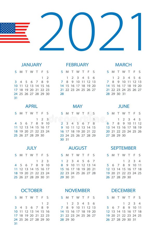 Calendar 2021 - Illustration. American Version. Week Starts on Sunday ...