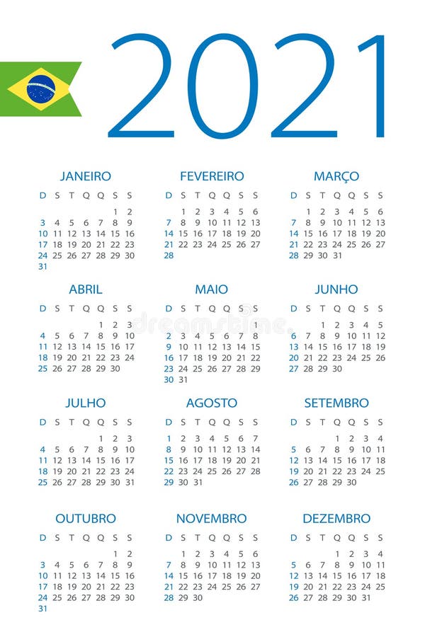 Calendar 2021 - Illustration. Brazilian Version.Week Starts on Sunday ...