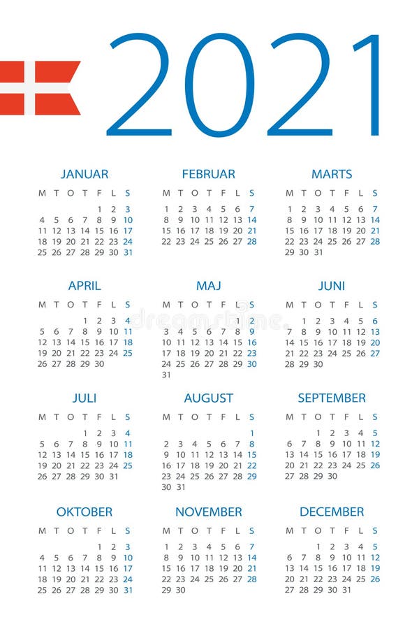 Calendar 2021 - Illustration. Danish Version.Week Starts on Monday ...