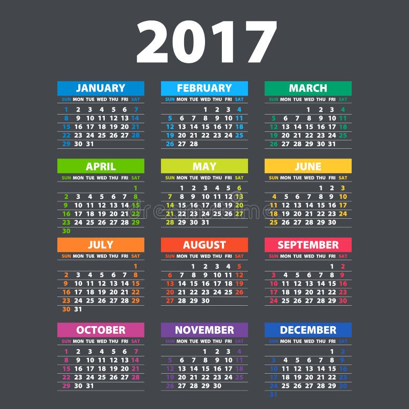 2017 Calendar - Illustration Vector Template of Color 2017 Calendar ...