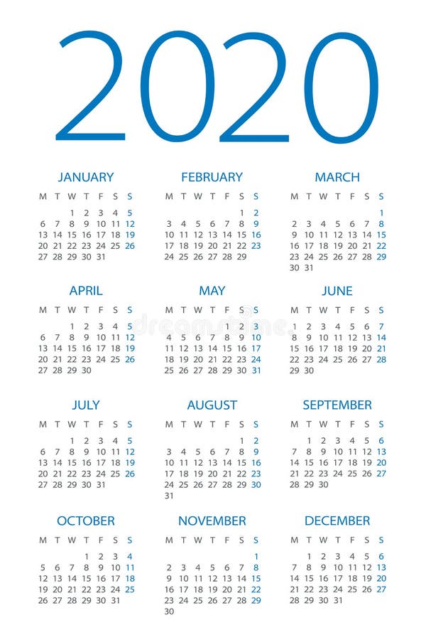 Calendar 2020 - Illustration. Week Starts on Monday Stock Illustration ...