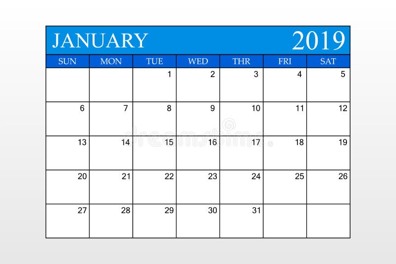 2019 Calendar, January, Blue Theme, Schedule Planner, Organizer, Weeks ...