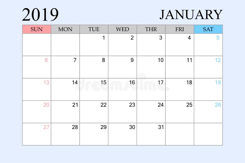 2019 Calendar, January, Schedule Planner, Organizer, Weeks Start from ...