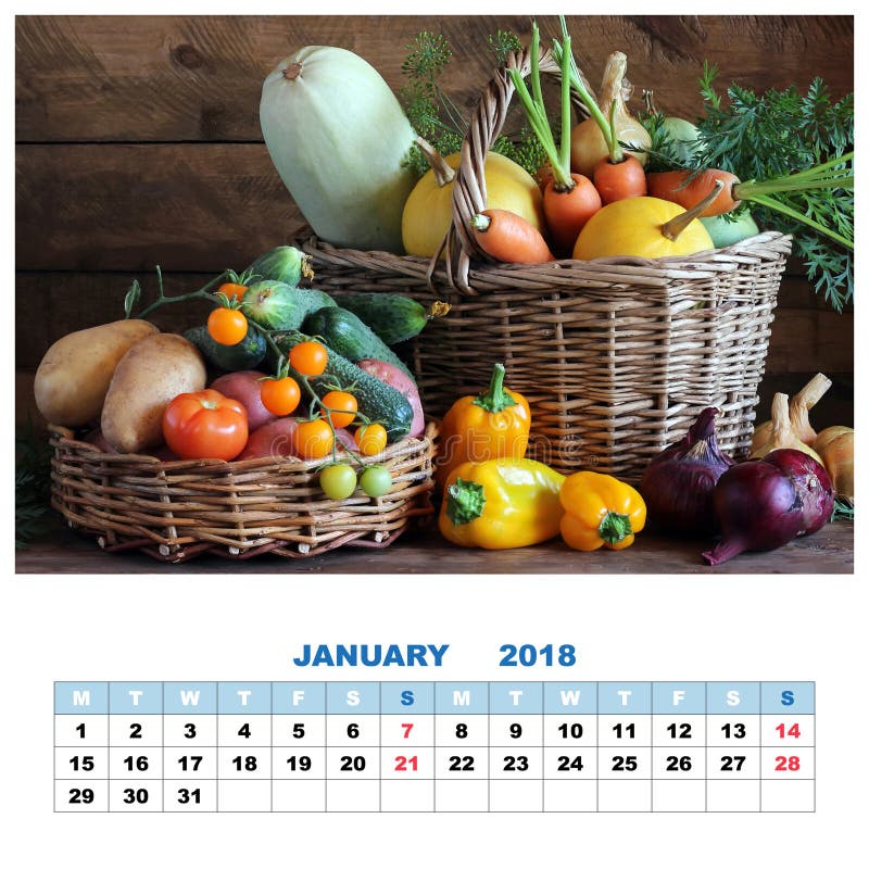 Calendar for January 2018 with Still Life with Vegetables and a Stock ...
