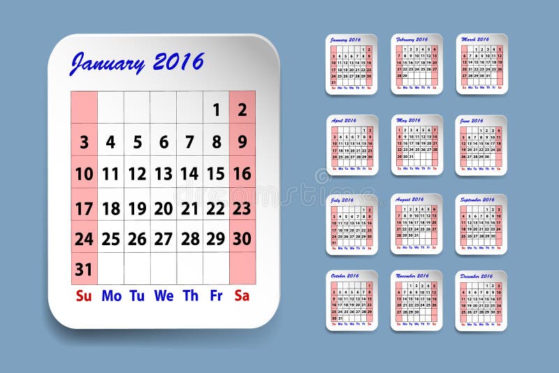 Calendar for January 2016 stock vector. Illustration of standard - 63180014