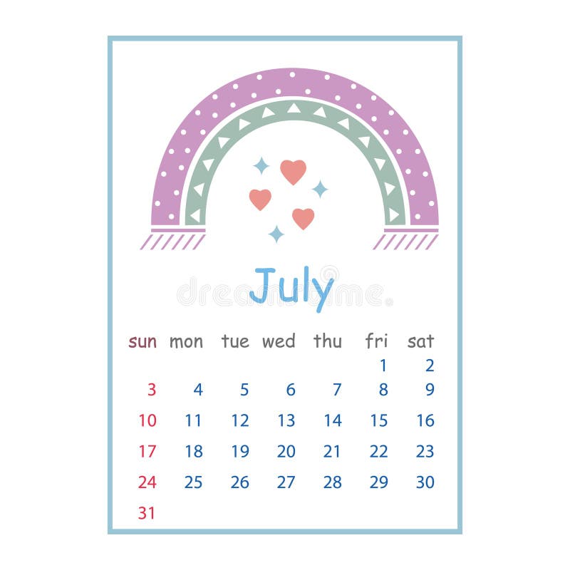 Calendar for July 2022, Color Vector Illustration in Boho Style Pastel ...